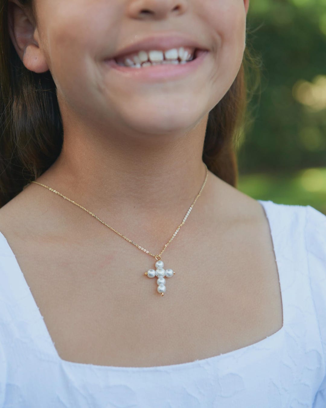 18K Pearl Cross Necklace for Teen Girl, Gold Cross Chain, Christian ...