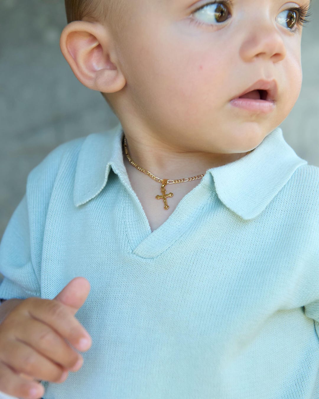 18K Gold Cross Necklace for Baby, Gold Filled Crucifix on Figaro Chain ...