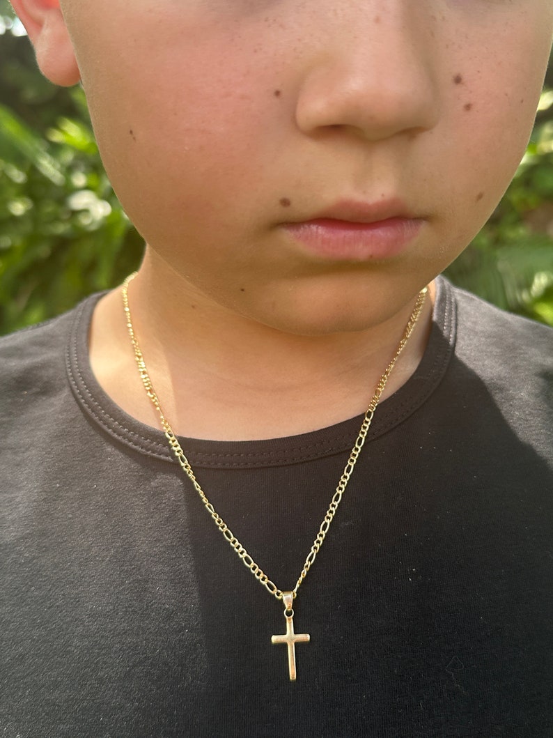 18K Gold Toddler Boy Cross Necklace, Figaro Chain Cross, Boys Jewelry ...