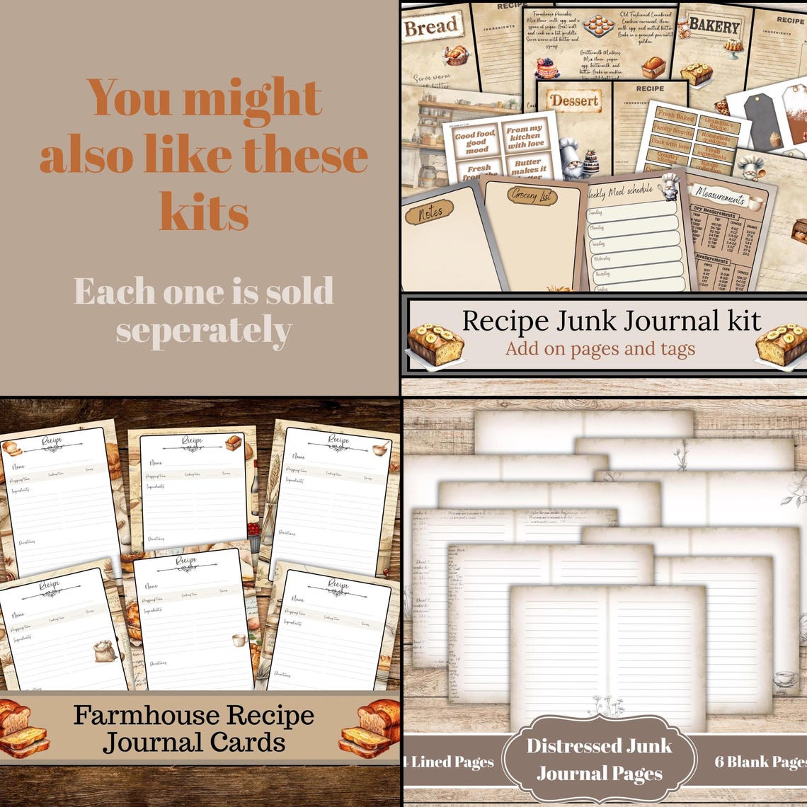 Recipe Journal Kit, Kitchen Junk Journal, Journal Printable, Cookbook ...