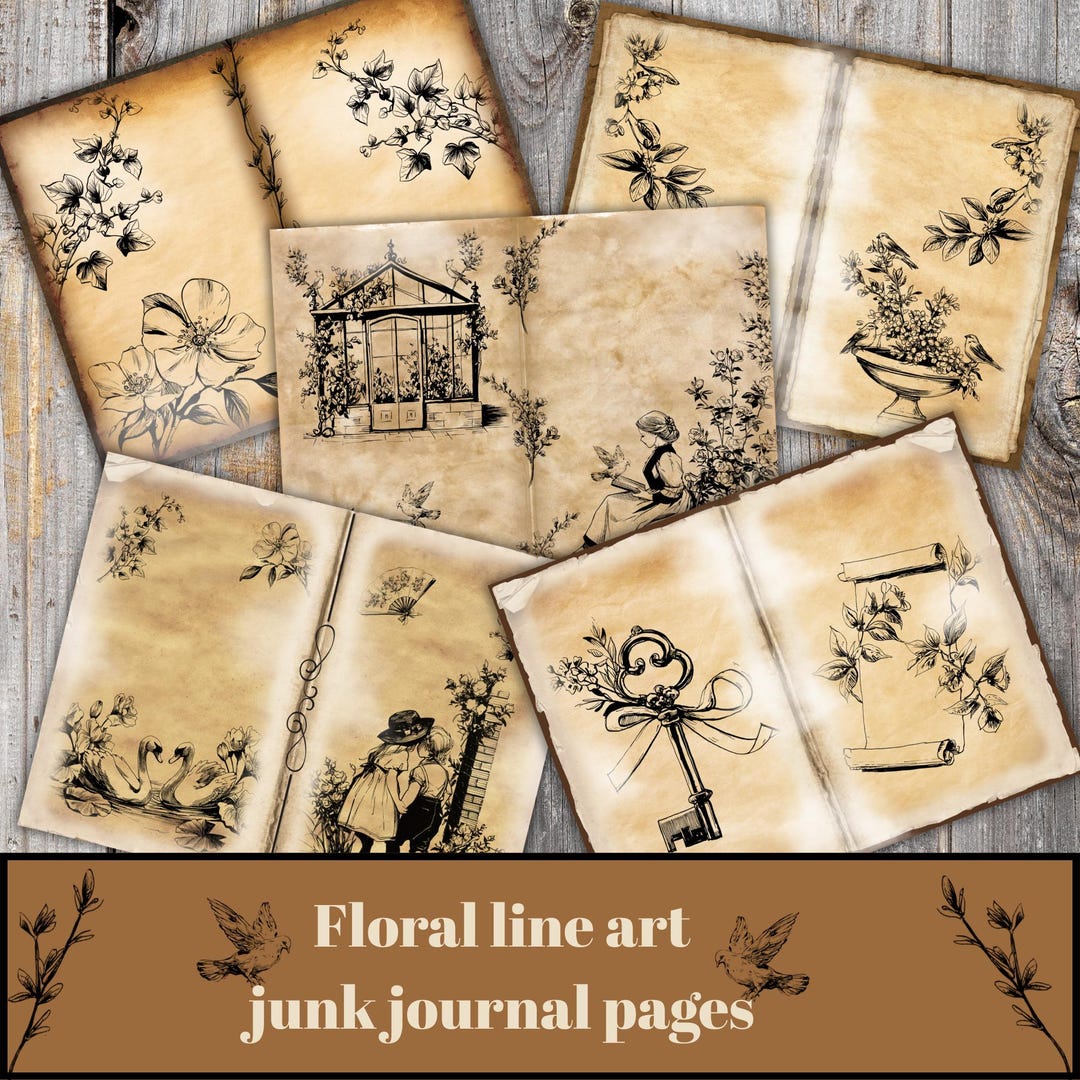 Floral Line Art Junk Journal Pages: Printable Collage Sheets, Junk ...