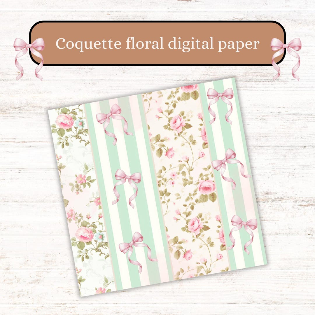 Floral Coquette Bow Digital Paper Pattern, Shabby Chic Pink Paper, Soft ...