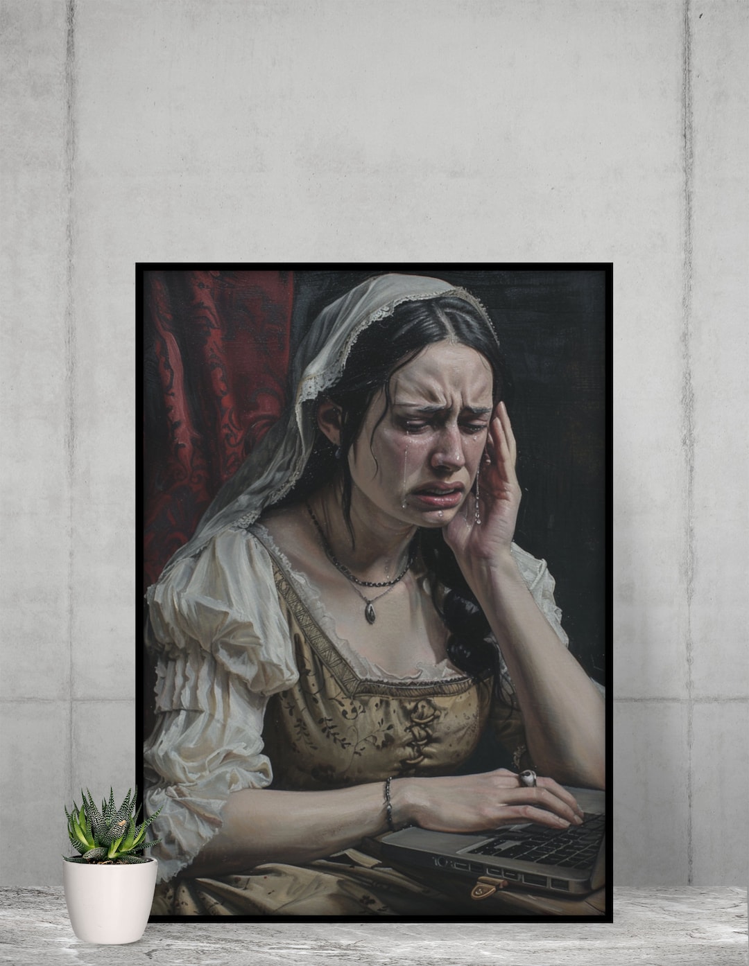 ART PRINT Renaissance Woman Crying in Front of Laptop - Altered Art ...