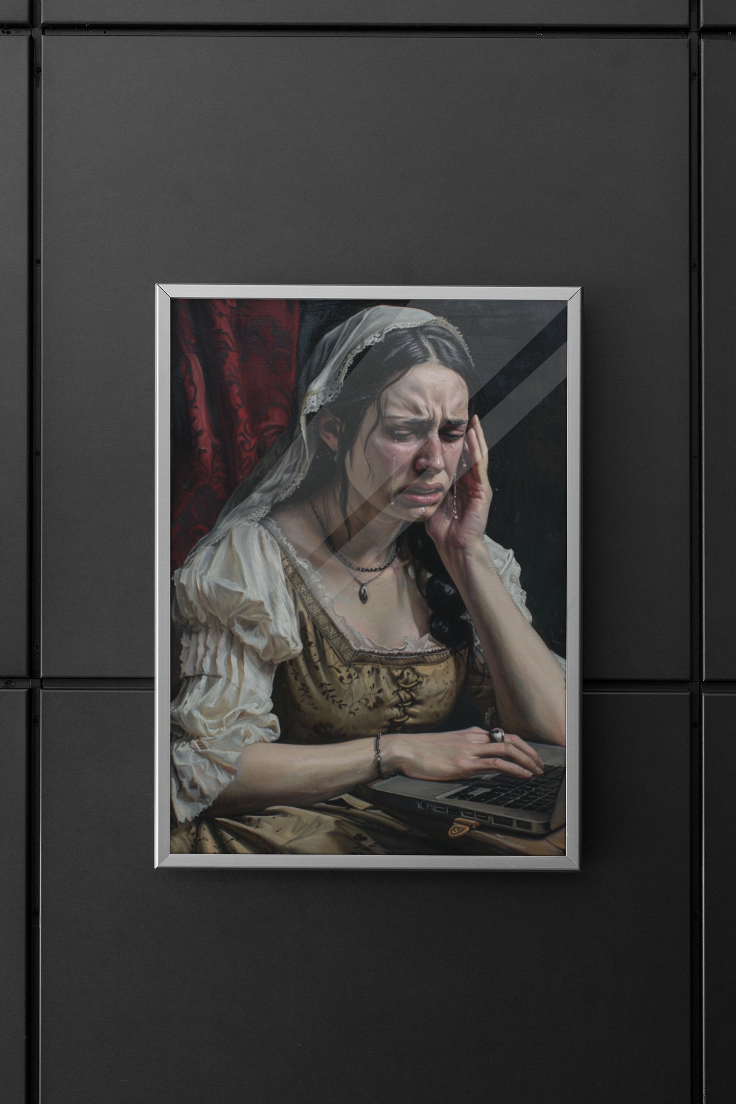 ART PRINT Renaissance Woman Crying in Front of Laptop - Altered Art ...
