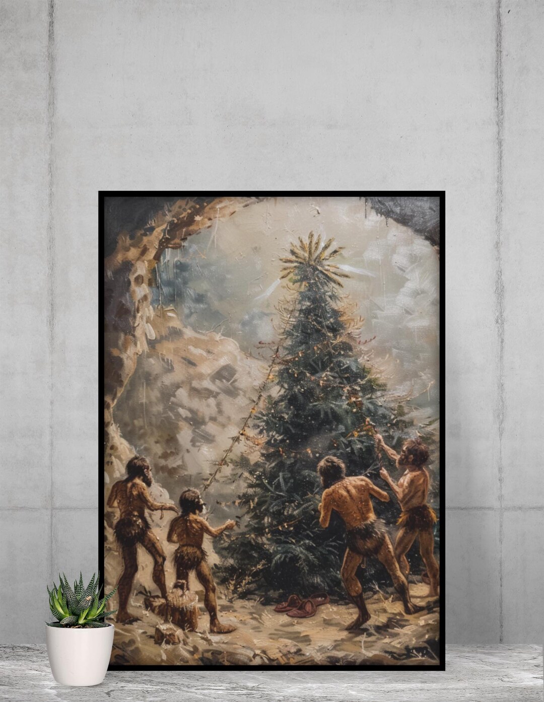 ART PRINT Cavemen Decorate Christmas Tree, Eclectic Art, Altered Art ...