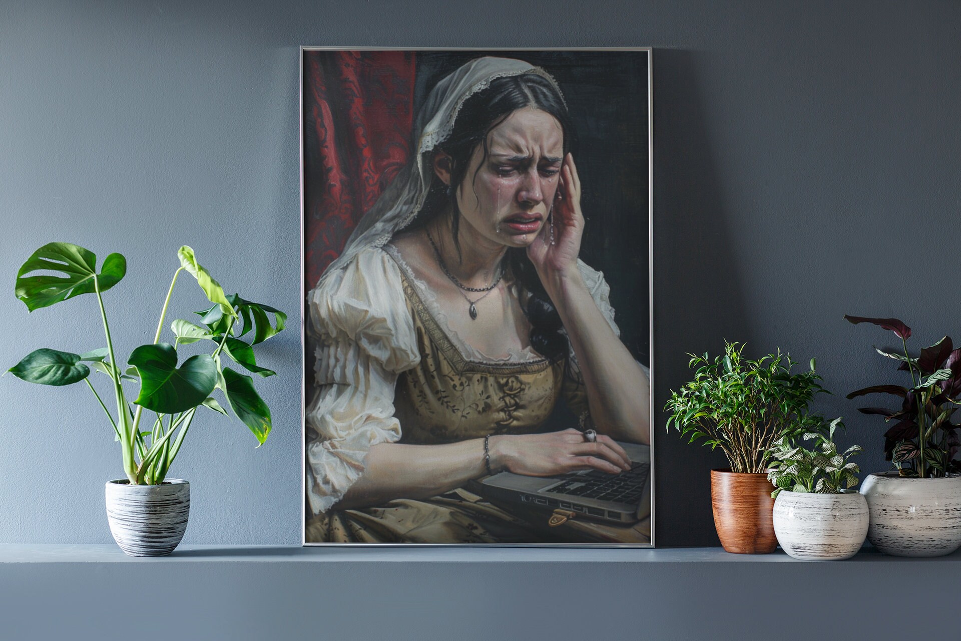ART PRINT Renaissance Woman Crying in Front of Laptop - Altered Art ...
