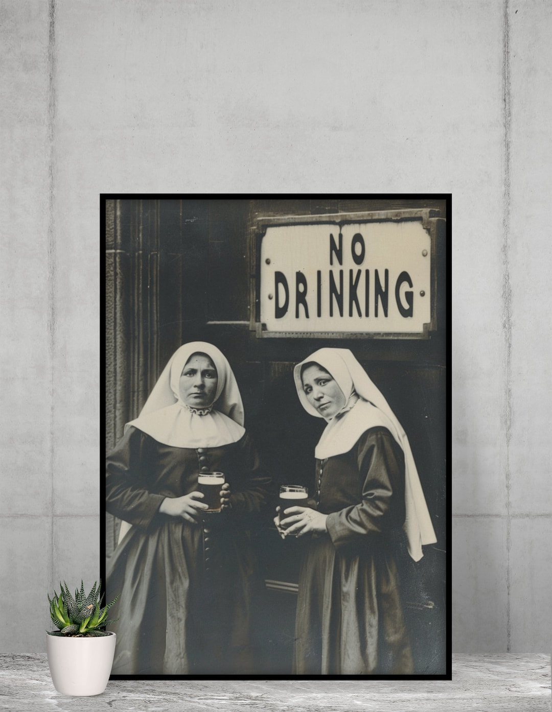 ART PRINT Drinking Nuns Next to No Drinking Sign, Bar Cart Wall Decor ...