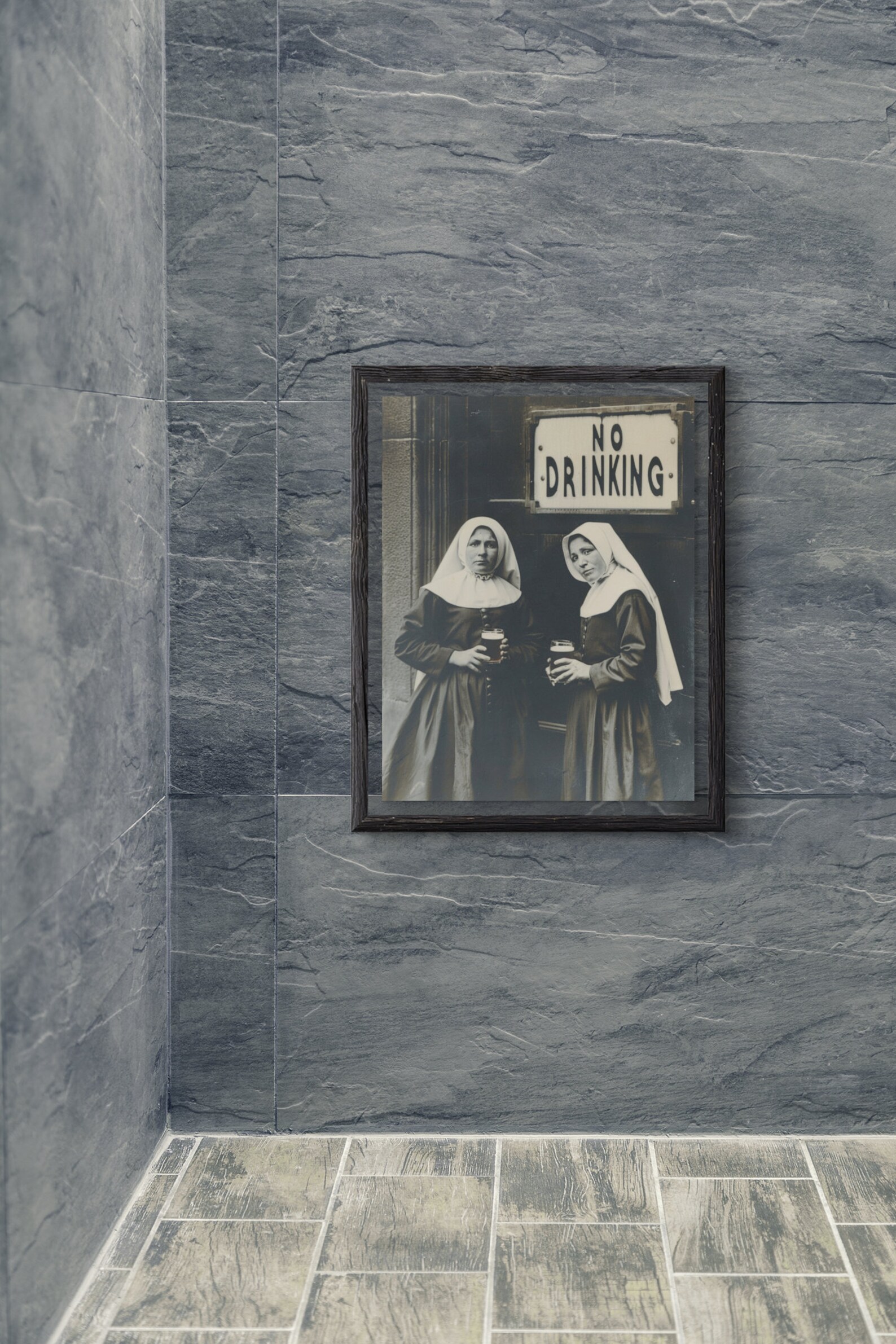 ART PRINT Drinking Nuns Next to No Drinking Sign, Bar Cart Wall Decor ...