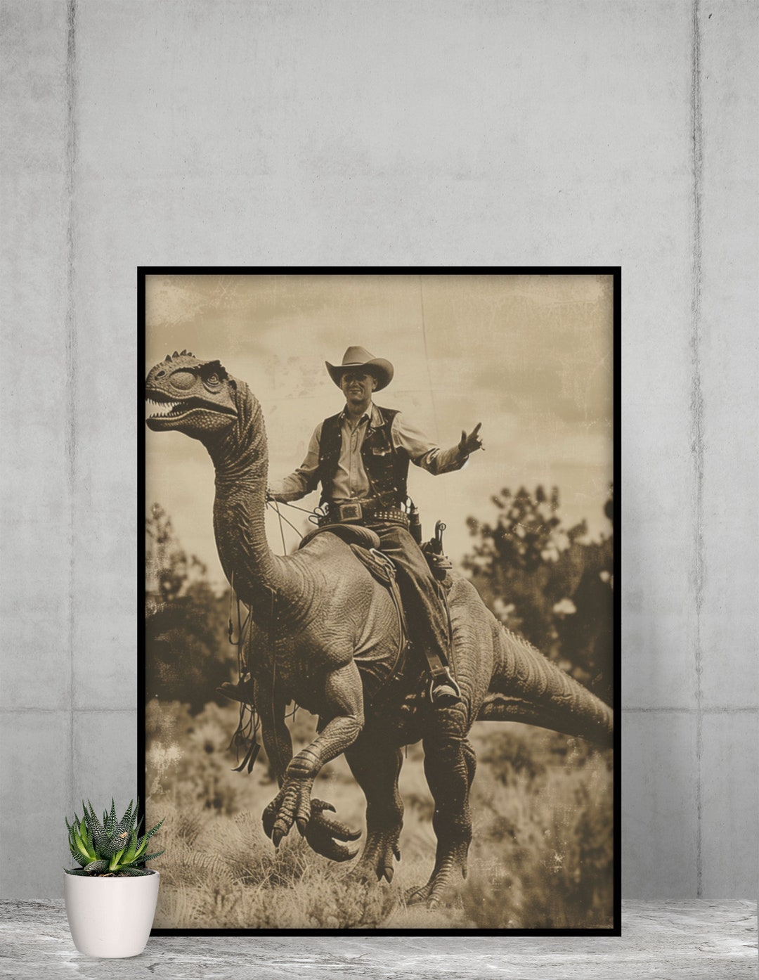ART PRINT Dinosaur Cowboy, Vintage Photography, Art Poster Print, Dark ...