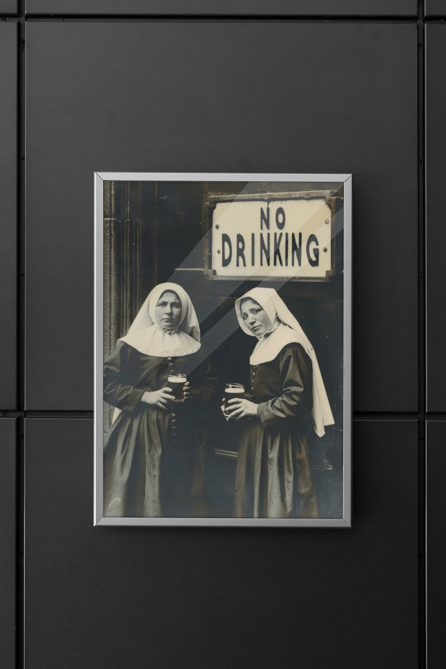 ART PRINT Drinking Nuns Next to No Drinking Sign, Bar Cart Wall Decor ...