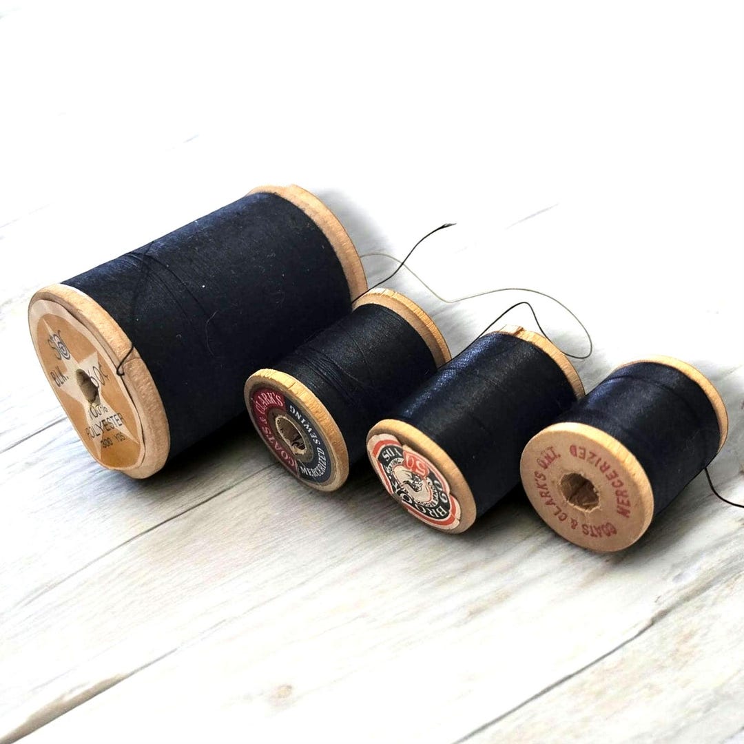 Vintage 4 Black Wooden Spools of Thread ~ Read ITEM DETAILS and View ...