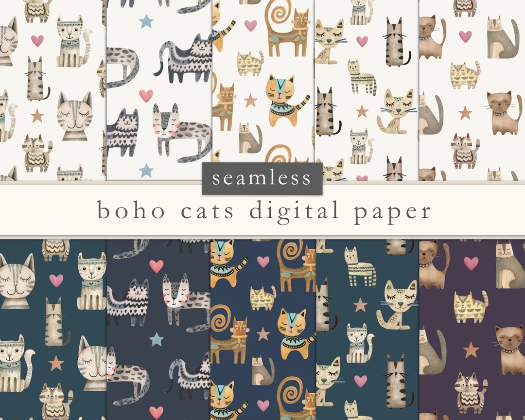 Boho Cats Digital Paper, Cute Cats, Hippy Cats, Kittens, Girl Cat ...