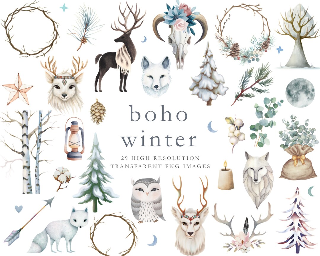 Watercolor Winter Clipart, Clip Art, Winter Trees, Boho, Winter Wreath ...