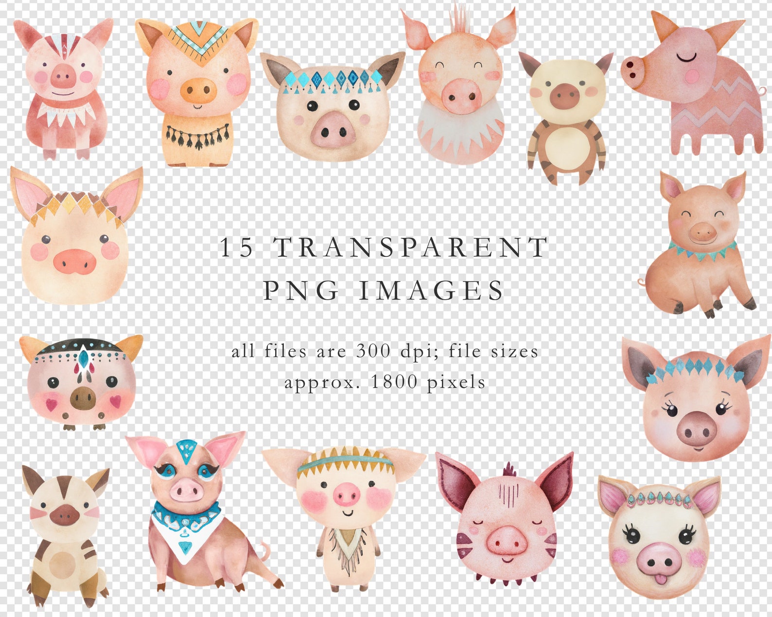 Boho Pigs Clipart, Cute Pigs Clipart, Watercolor Pigs, Clipart, Girl ...