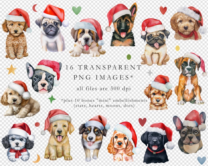 Christmas Dog Clipart, Santa Hat, Christmas Puppy, Cute Animal, Dogs ...