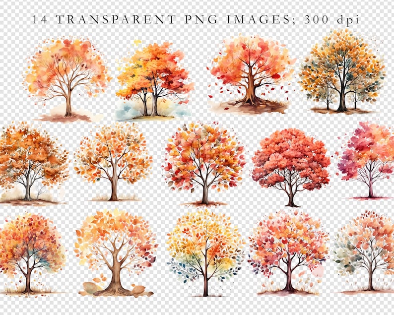 Fall Tree Clipart Watercolor Fall Trees Autumn Trees - Etsy