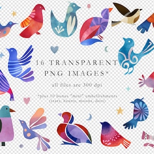 Folk Art Bird Clipart, Abstract Birds, Watercolor Bird, Clip Art ...