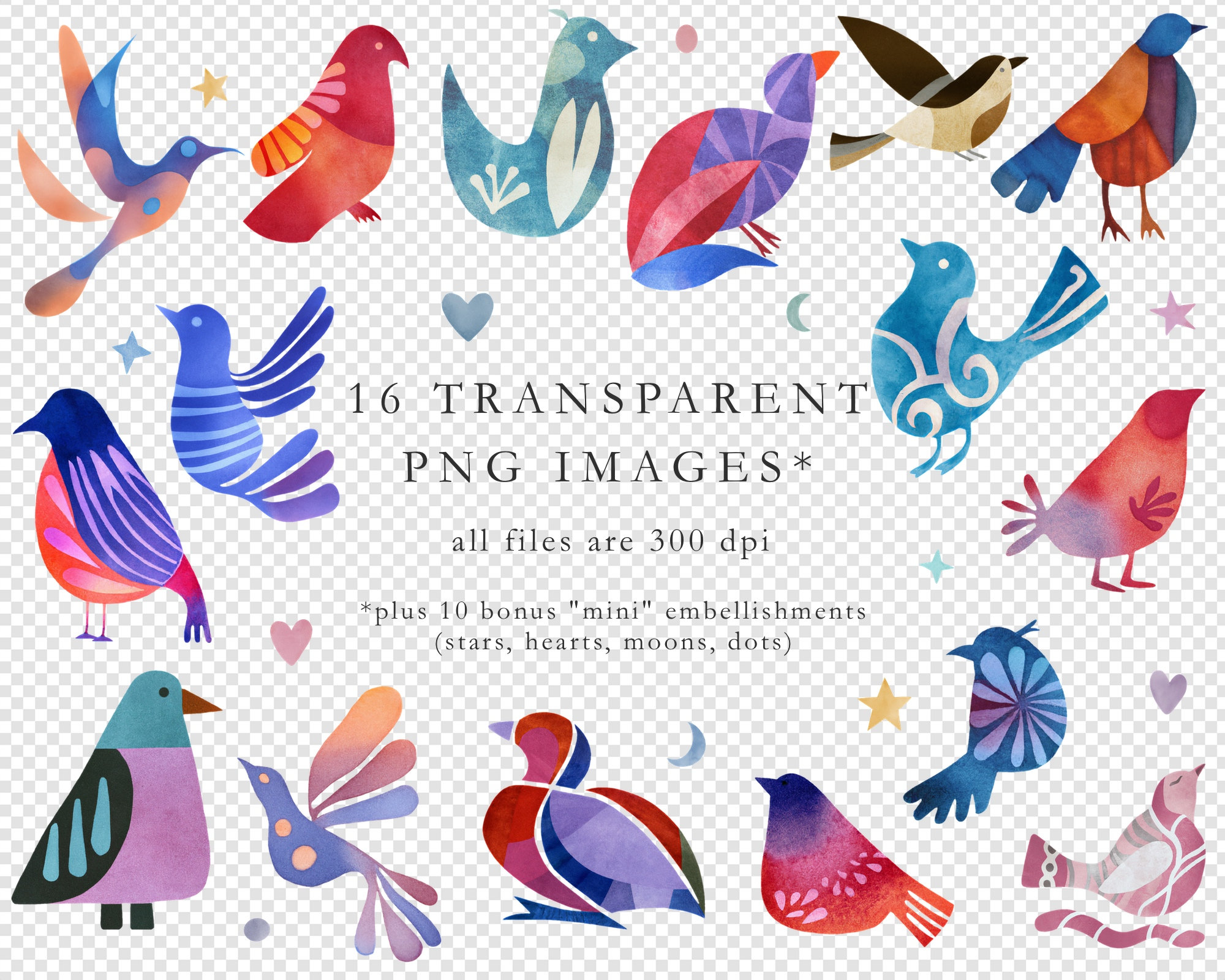 Folk Art Bird Clipart, Abstract Birds, Watercolor Bird, Clip Art ...