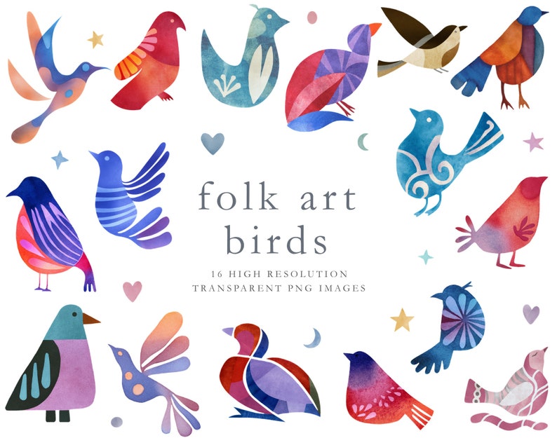 Folk Art Bird Clipart, Abstract Birds, Watercolor Bird, Clip Art ...