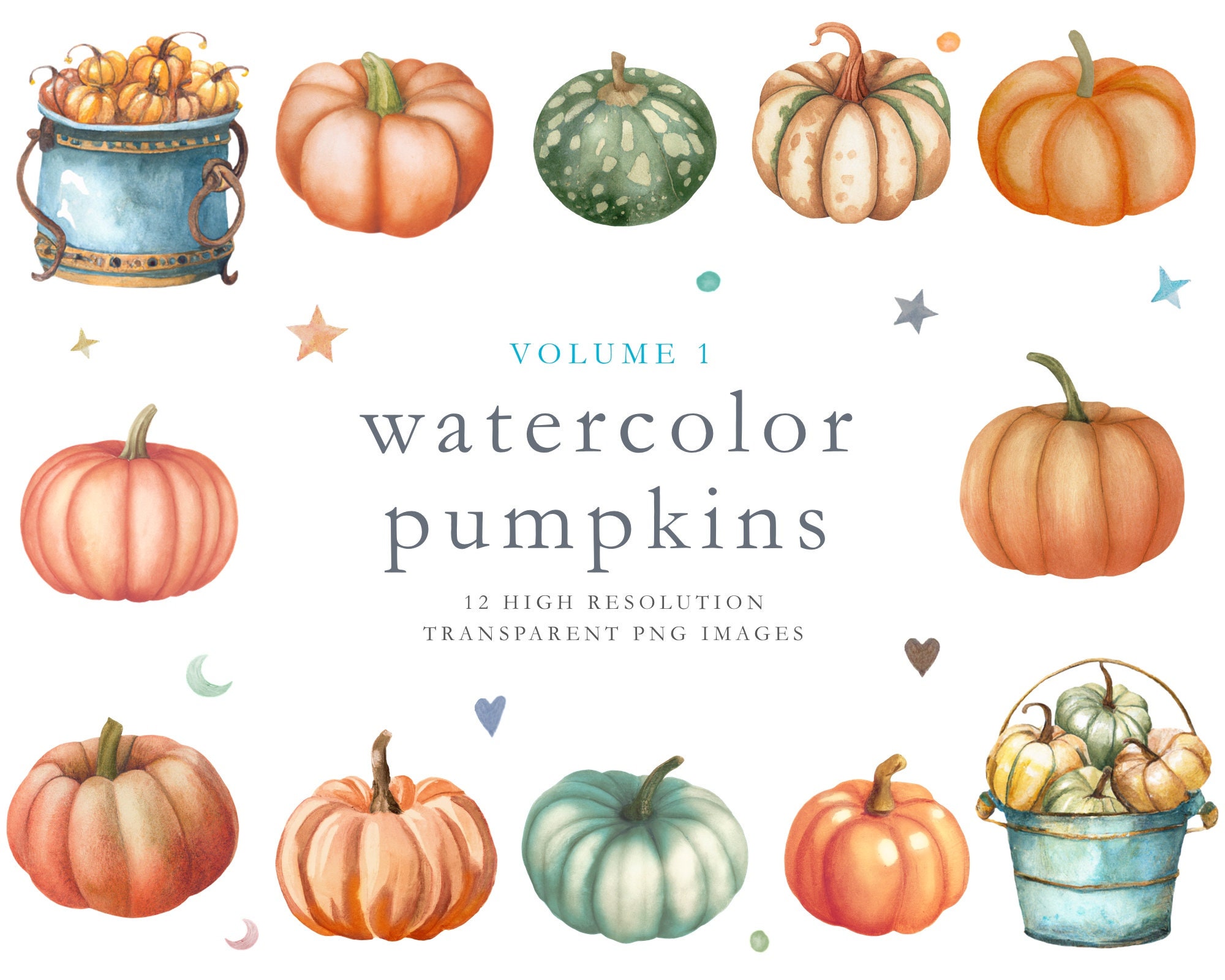 Watercolor Pumpkin Clipart, Bucket of Pumpkins, Green Pumpkin, Orange ...