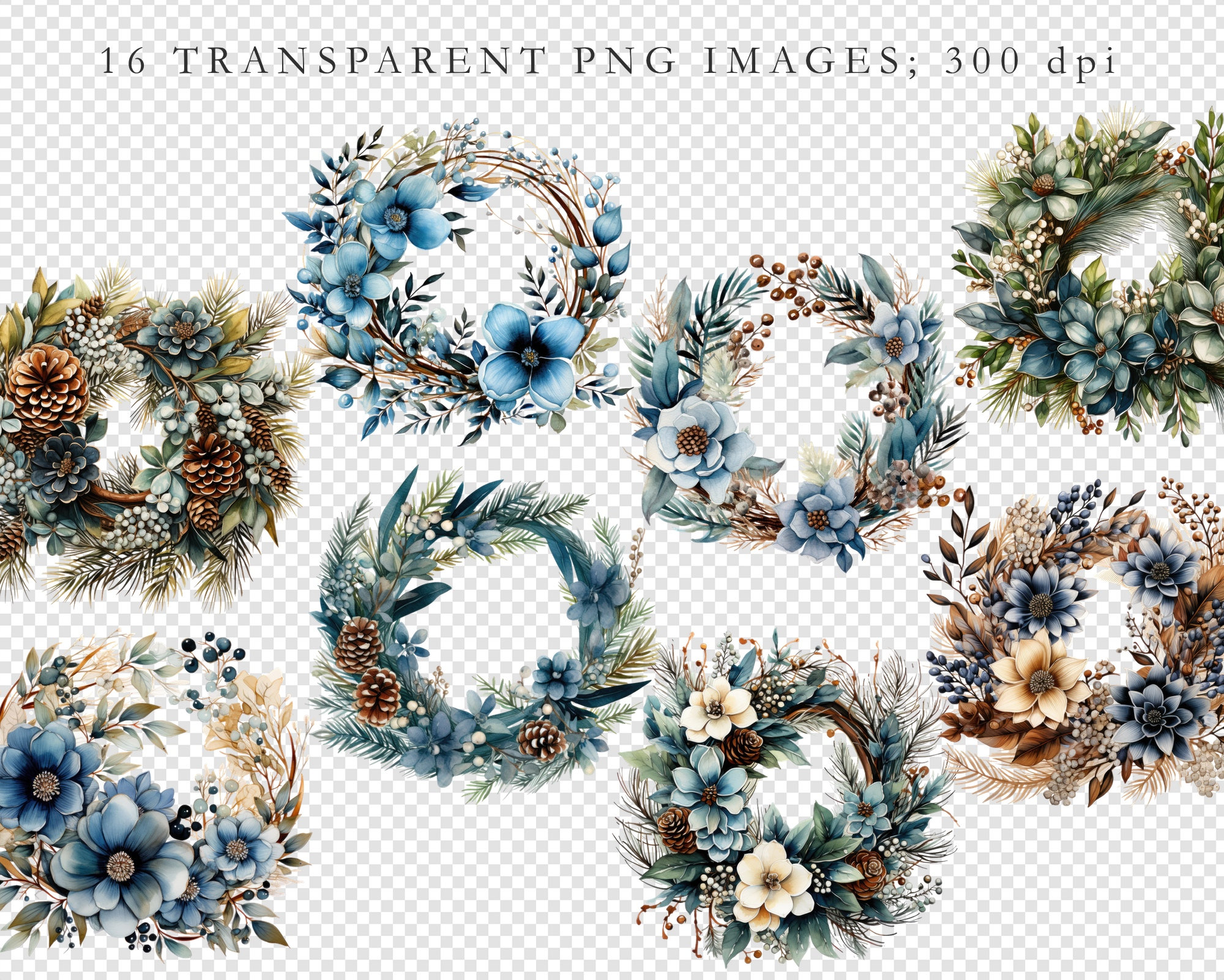 Watercolor Winter Wreath Clipart, Rustic Winter Wreath Clipart, Blue ...
