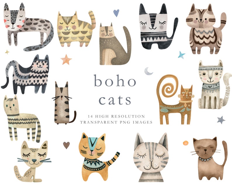 Boho Cats Clipart, Funny Cats Clipart, Watercolor Cats, Decorated Cats ...