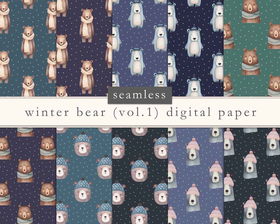 Watercolor Winter Digital Paper, Cute Bears, Cute Animals, Snow, Snowy ...