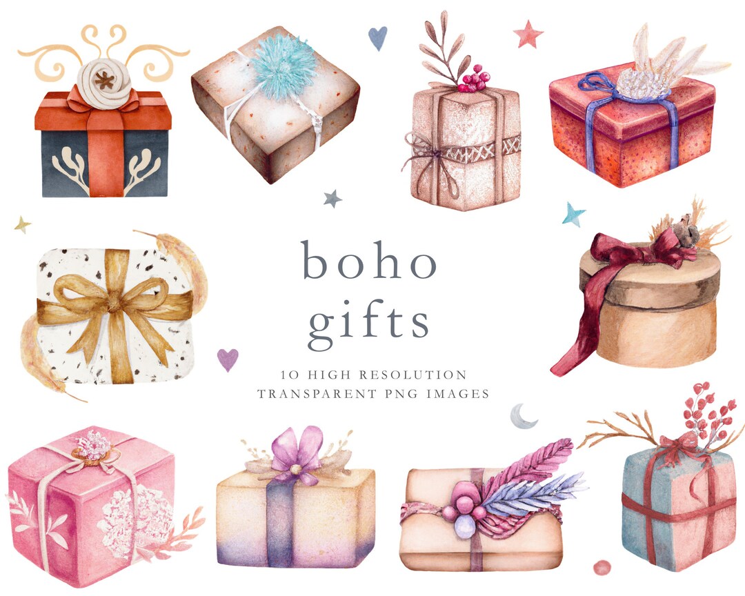 Boho Gifts Clipart, Boho Present Clipart, Christmas Present Clipart ...