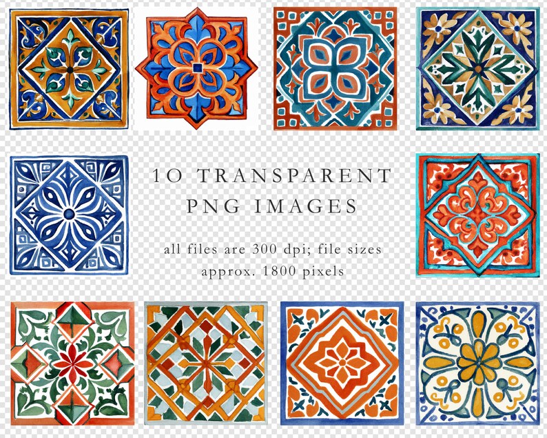 Watercolor Ceramic Tiles Ornate Tiles Clipart Decorative - Etsy