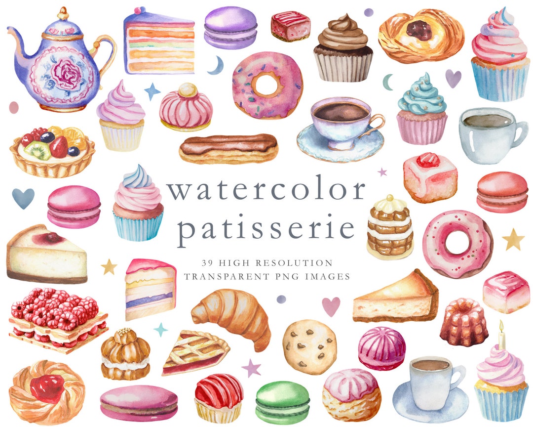 Watercolor Patisserie Clipart, Afternoon Tea, Cakes, Pastries, Clipart ...