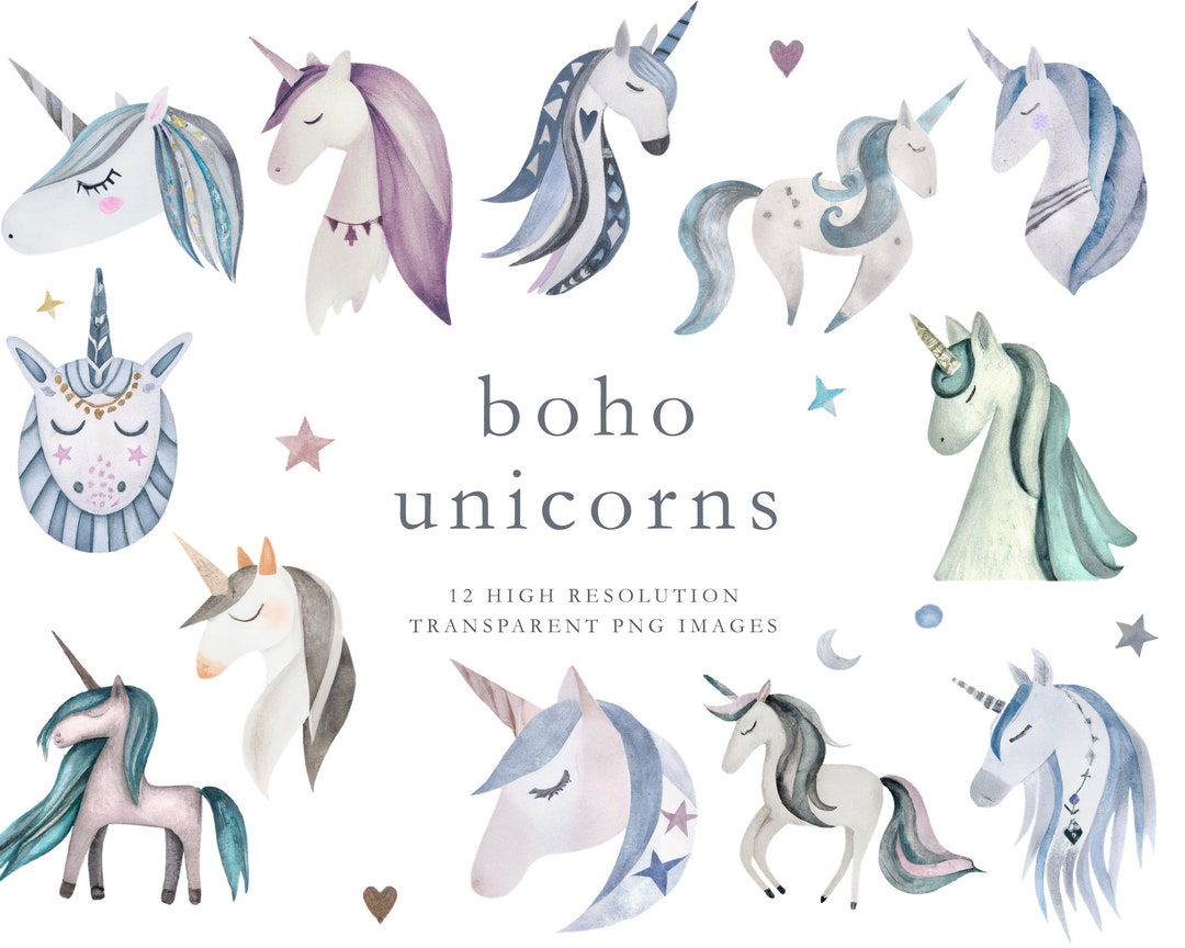 Boho Unicorns Clipart, Watercolor Unicorns, Unicorn Heads, Unicorn ...
