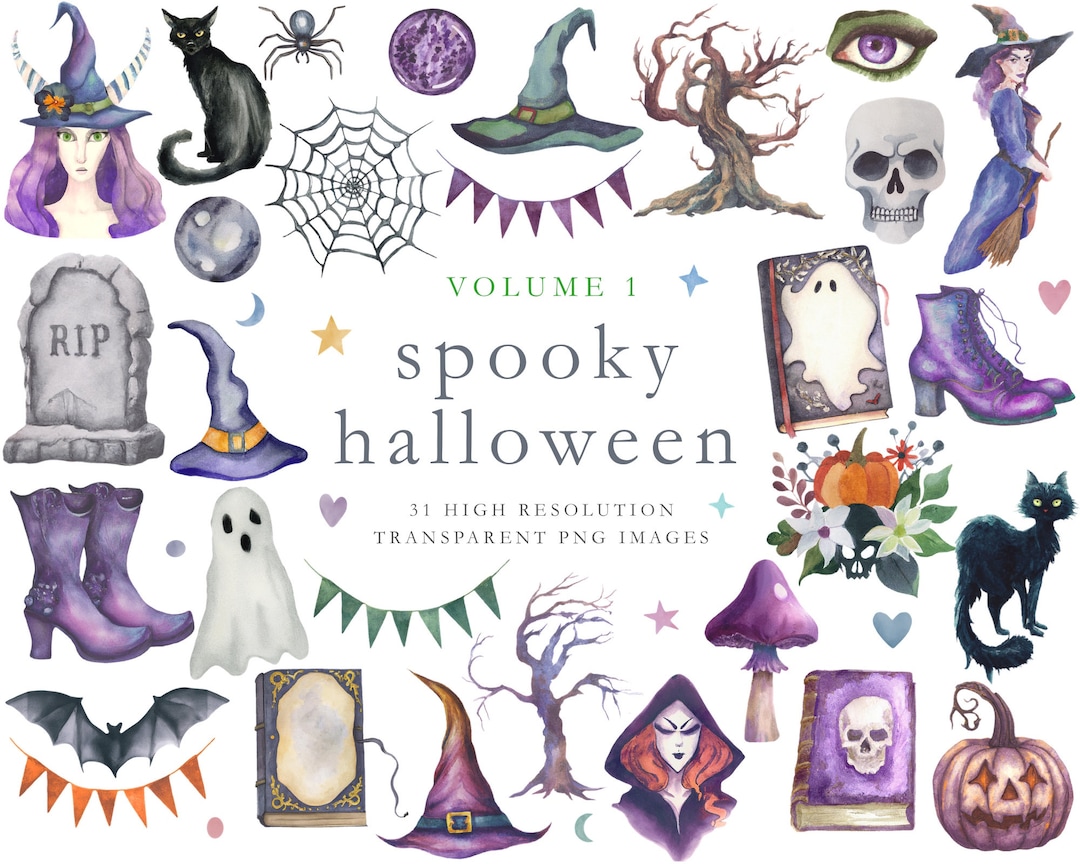 Halloween Clipart, Watercolor, Clip Art, Witch, Ghost, Black Cat ...