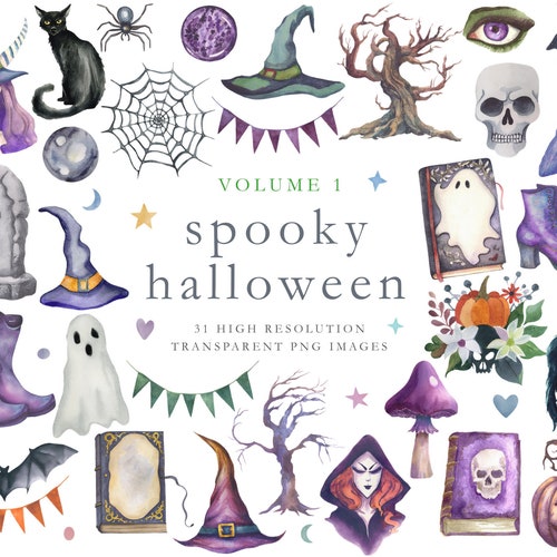 Halloween Clipart Watercolor Clip Art Witch Ghost Black - Etsy