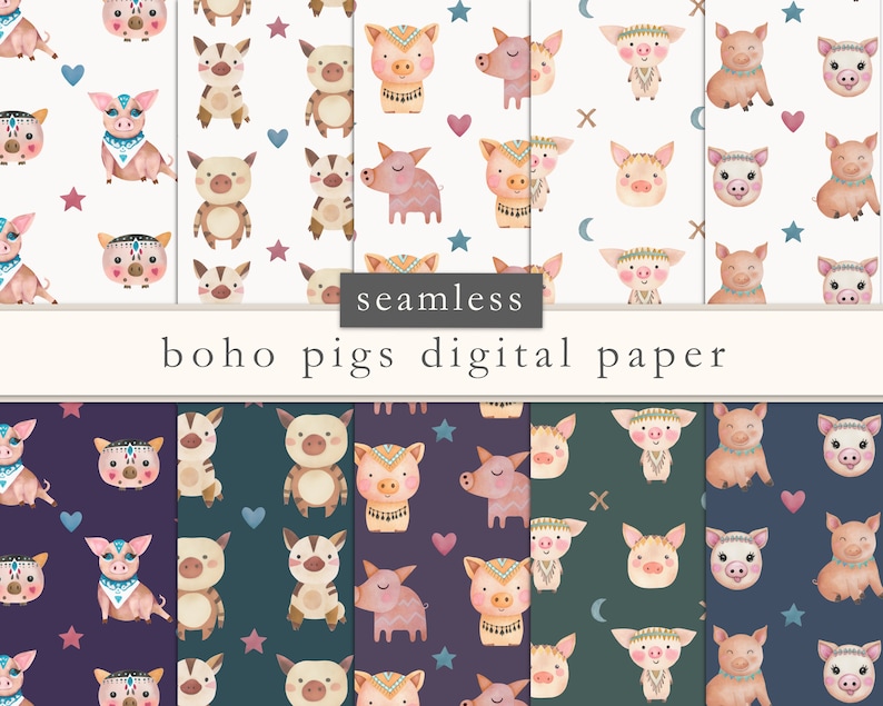 Cute Pigs Digital Paper, Boho Pigs, Piglet, Girl Pig, Piggy, Kids ...