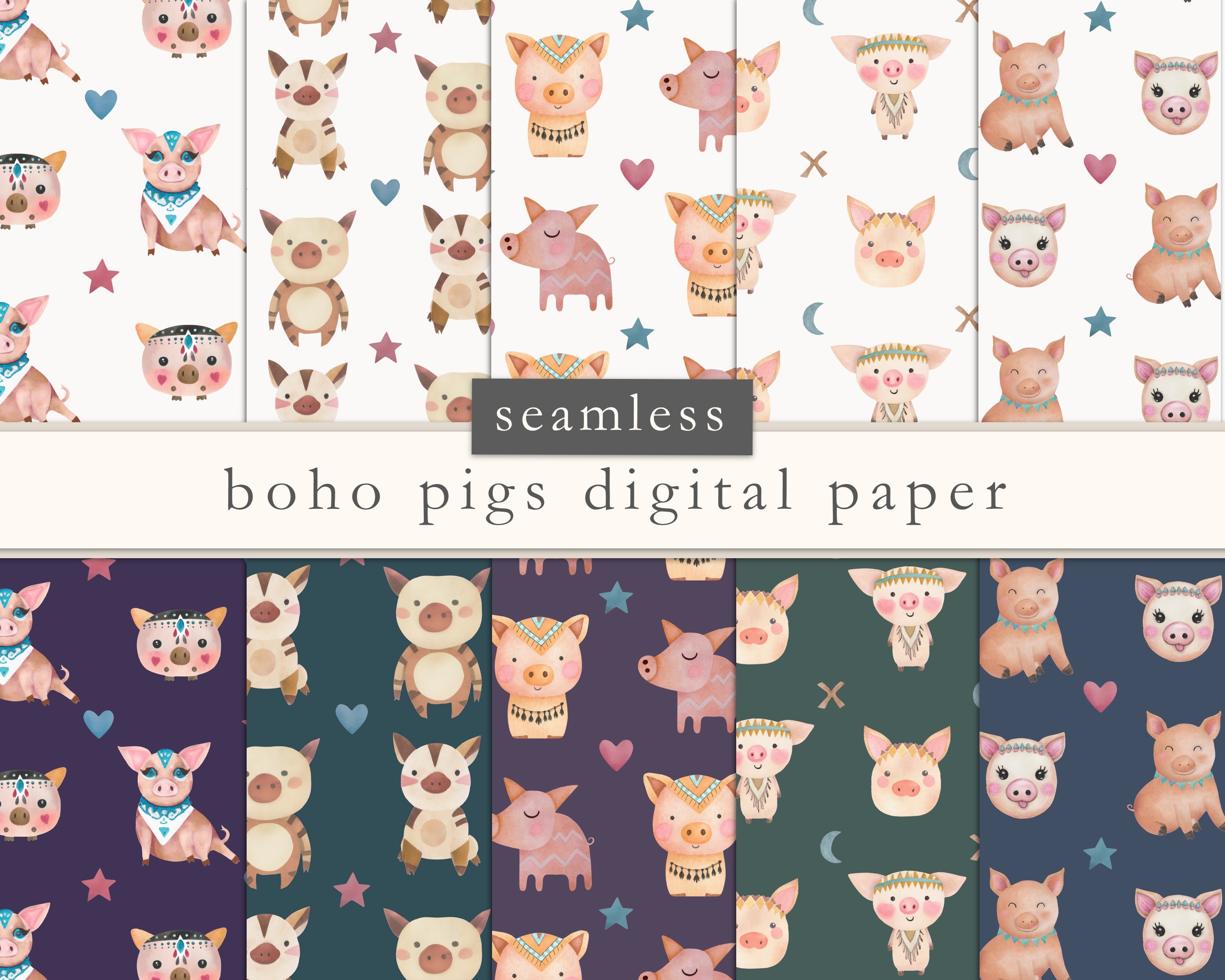 Cute Pigs Digital Paper, Boho Pigs, Piglet, Girl Pig, Piggy, Kids ...