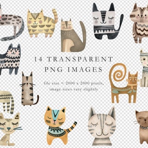 Boho Cats Clipart, Funny Cats Clipart, Watercolor Cats, Decorated Cats ...