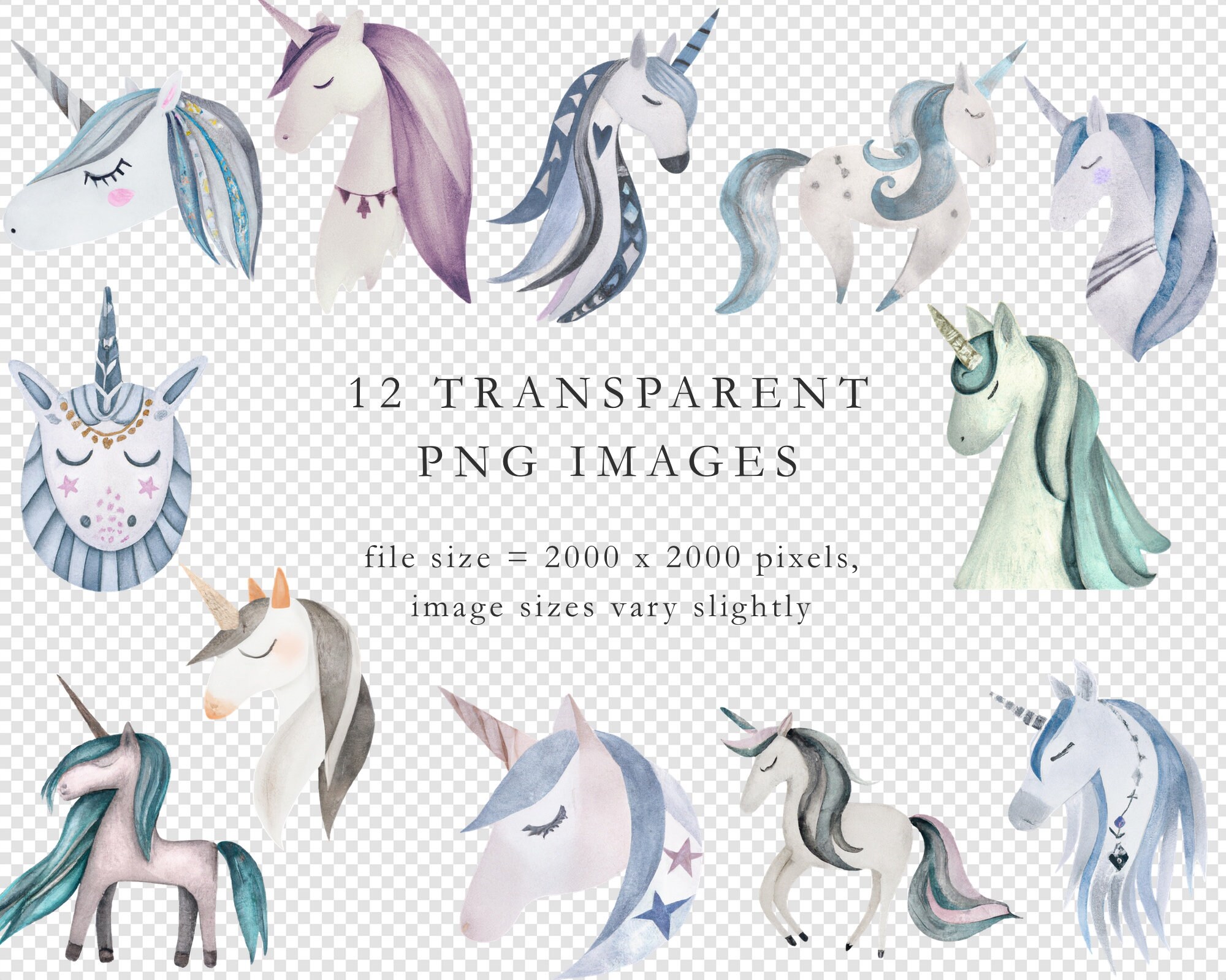 Boho Unicorns Clipart, Watercolor Unicorns, Unicorn Heads, Unicorn ...