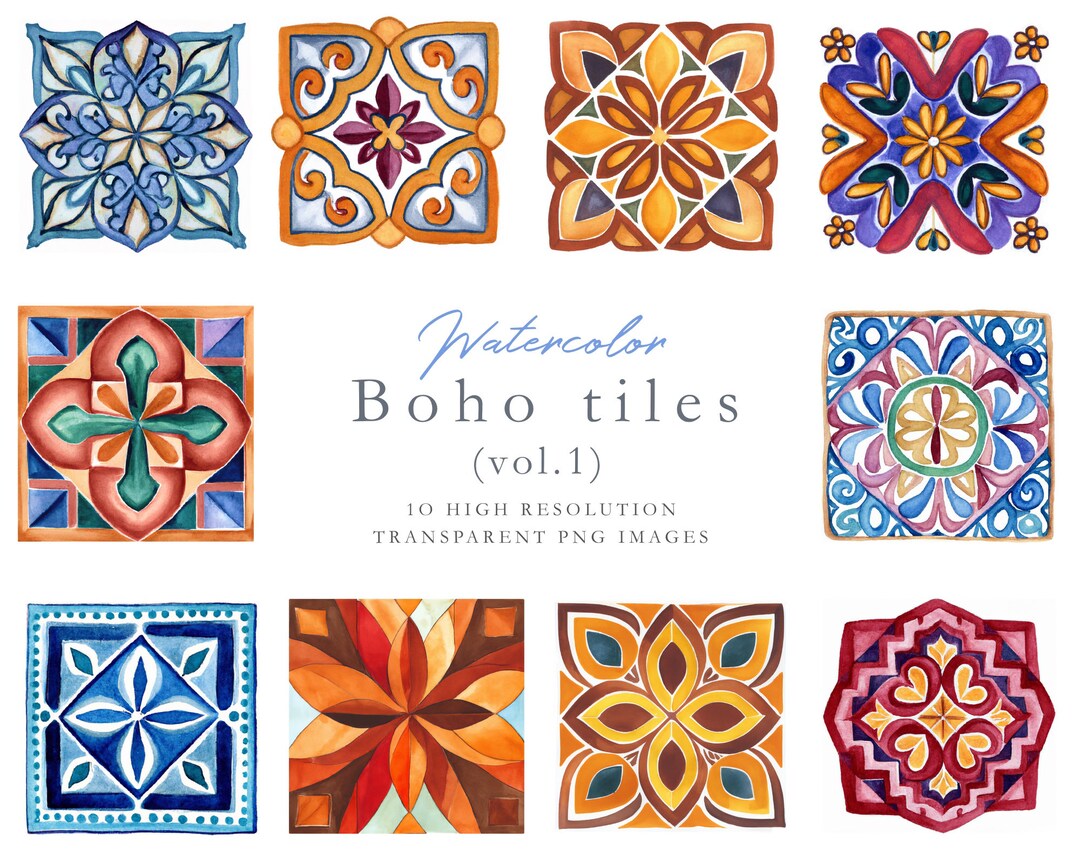 Watercolor Boho Ceramic Tiles, Clipart, Boho Tiles, Colorful Ceramic ...