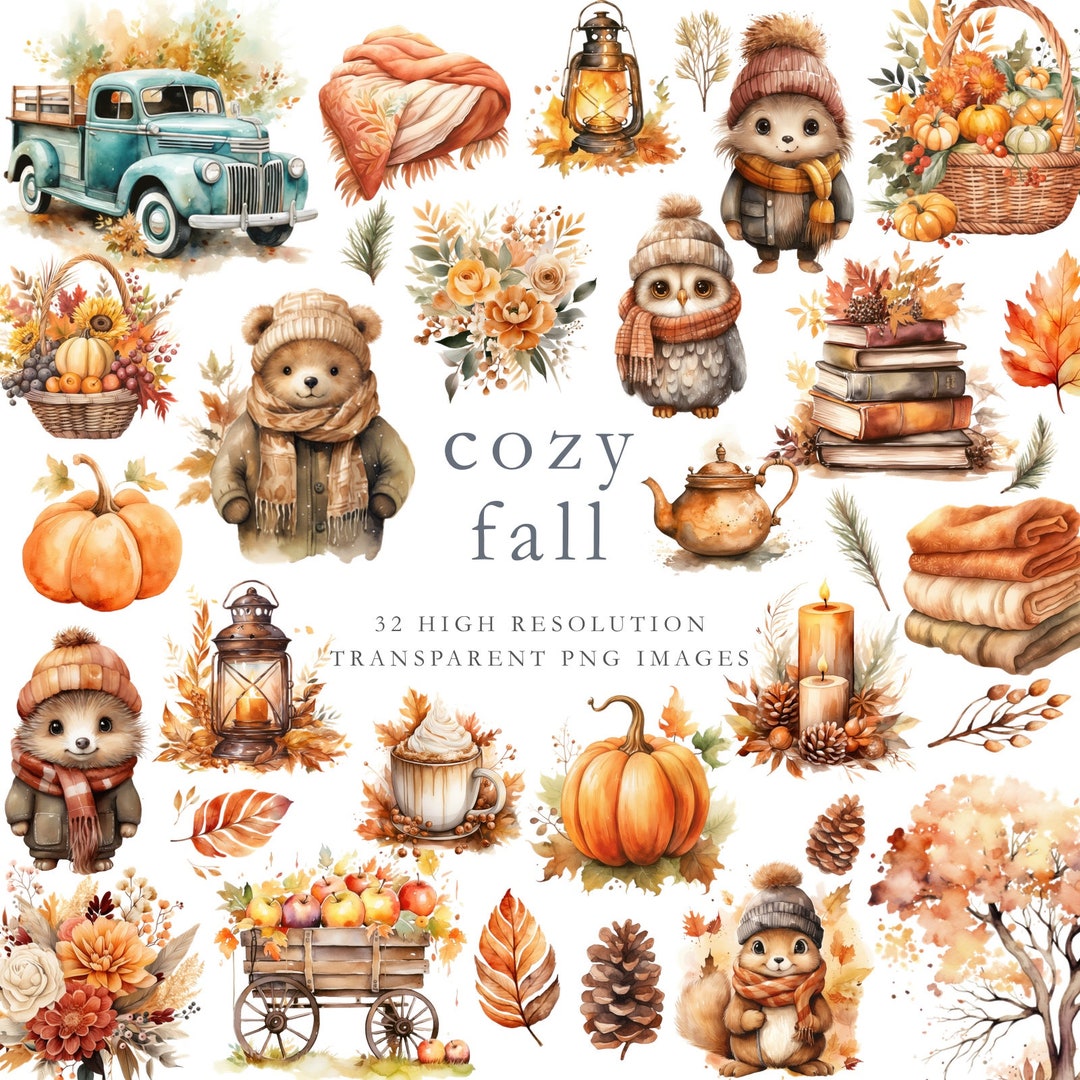 Cozy Fall Clipart, Cozy Autumn Clipart, Cute Animals, Book Lover ...
