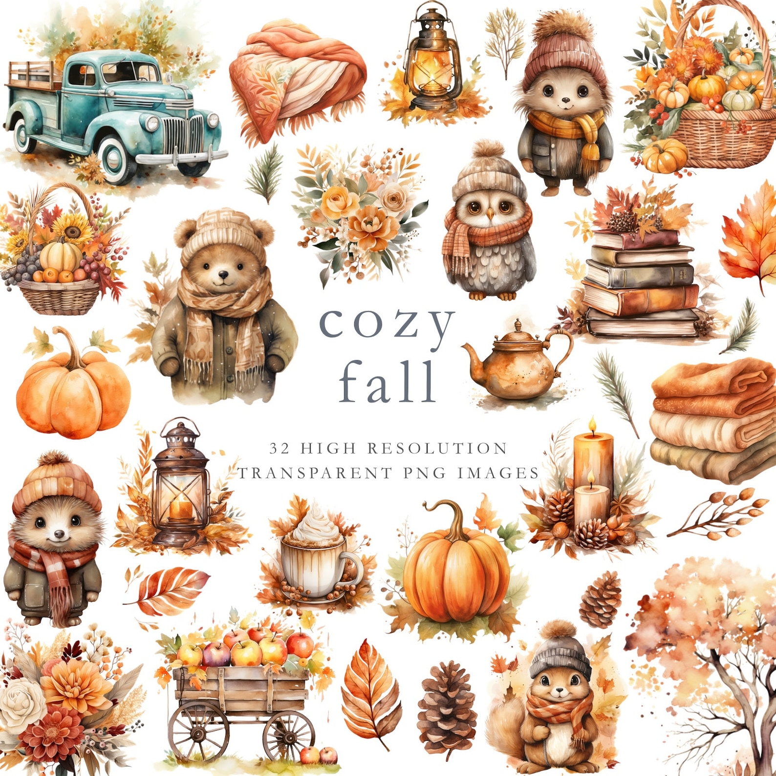 Cozy Fall Clipart, Cozy Autumn Clipart, Cute Animals, Book Lover ...