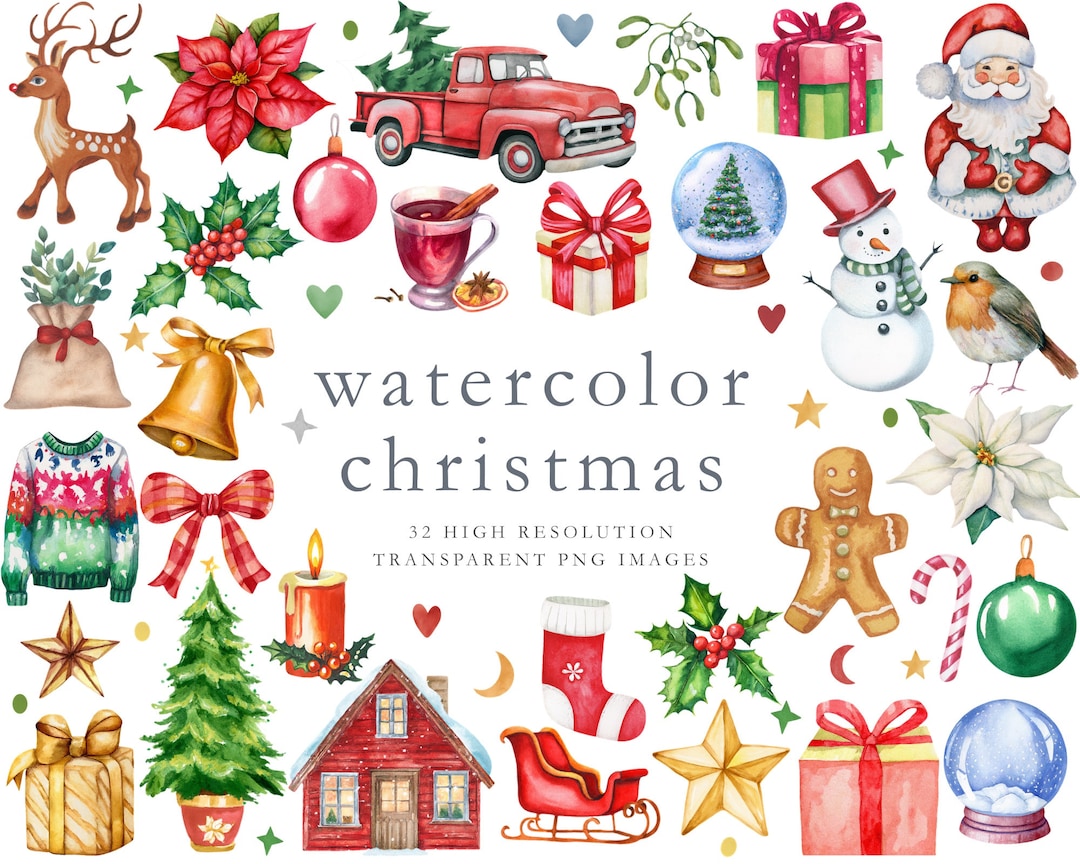 Christmas Clipart, Watercolor Christmas Clipart, Truck, Poinsettia ...