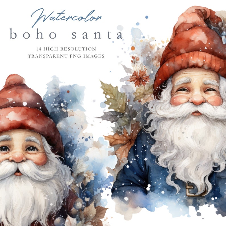 Boho Santa Clipart, Watercolor Boho Santa Clipart, Santa Clause Clipart ...