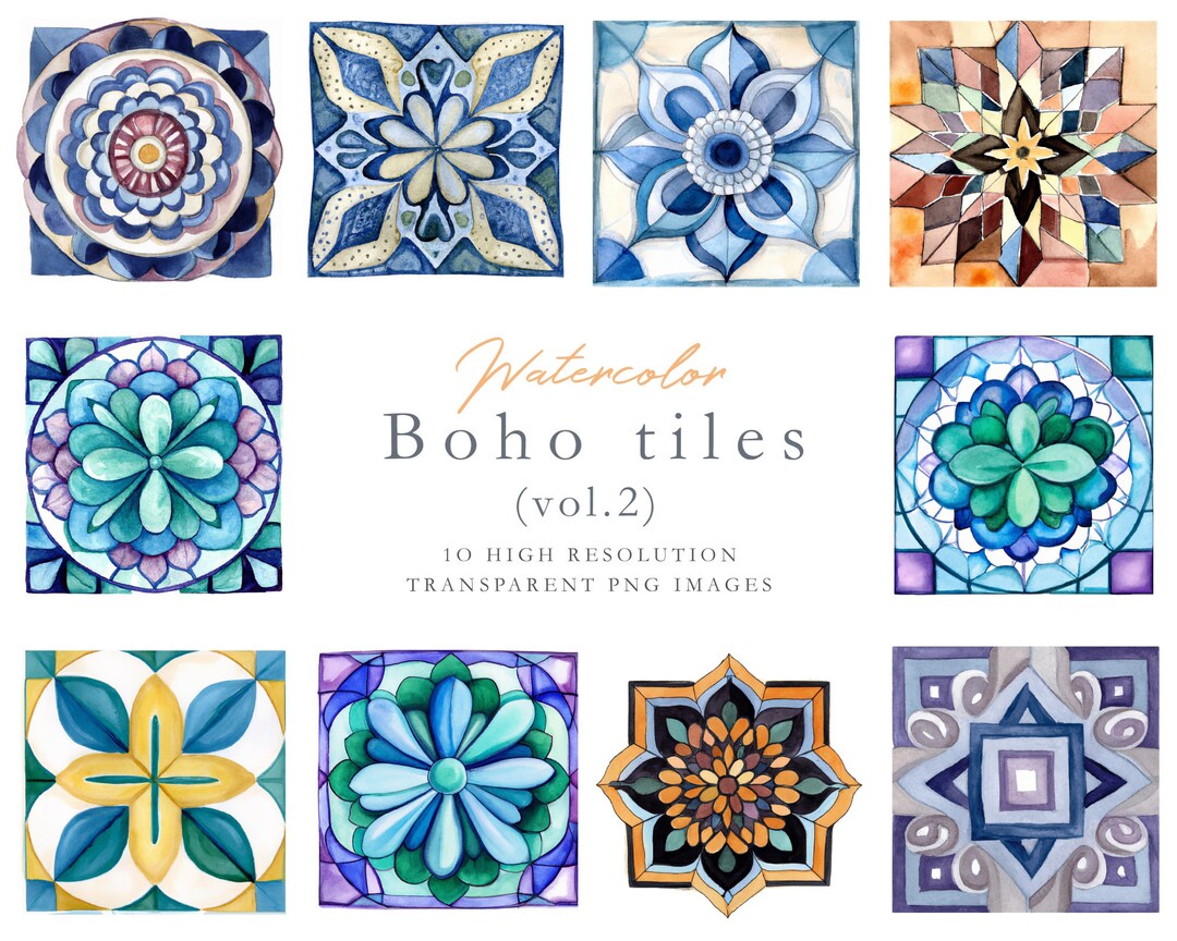 Bohemian Decorative Tiles, Watercolor Tiles, Ornate Tiles, Clipart ...