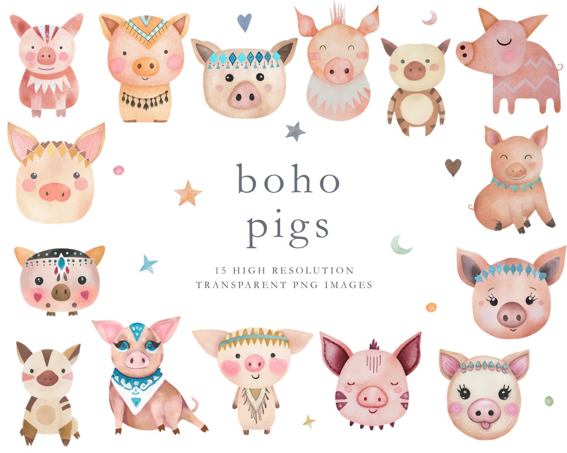 Boho Pigs Clipart, Cute Pigs Clipart, Watercolor Pigs, Clipart, Girl ...