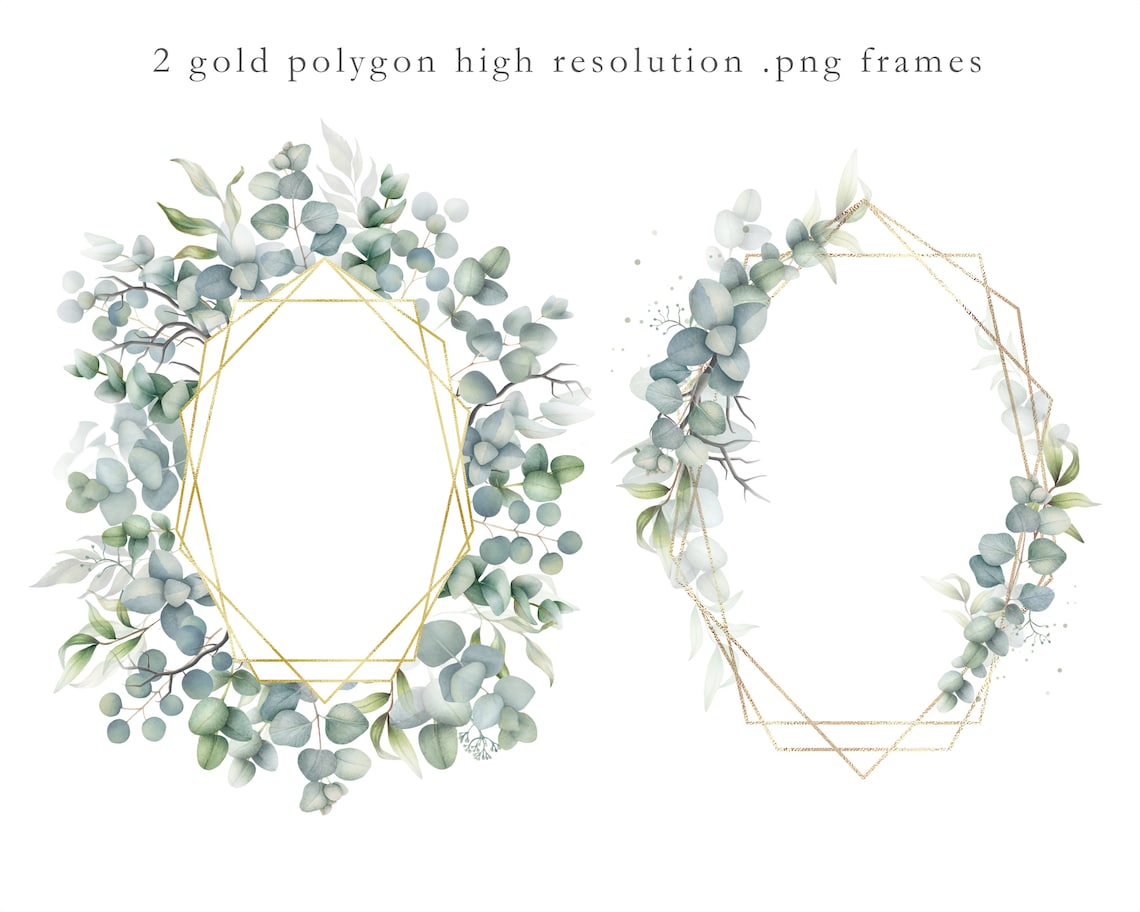 Eucalyptus Frames, Watercolor Eucalyptus, Foliage Frames, Gold, Polygon ...