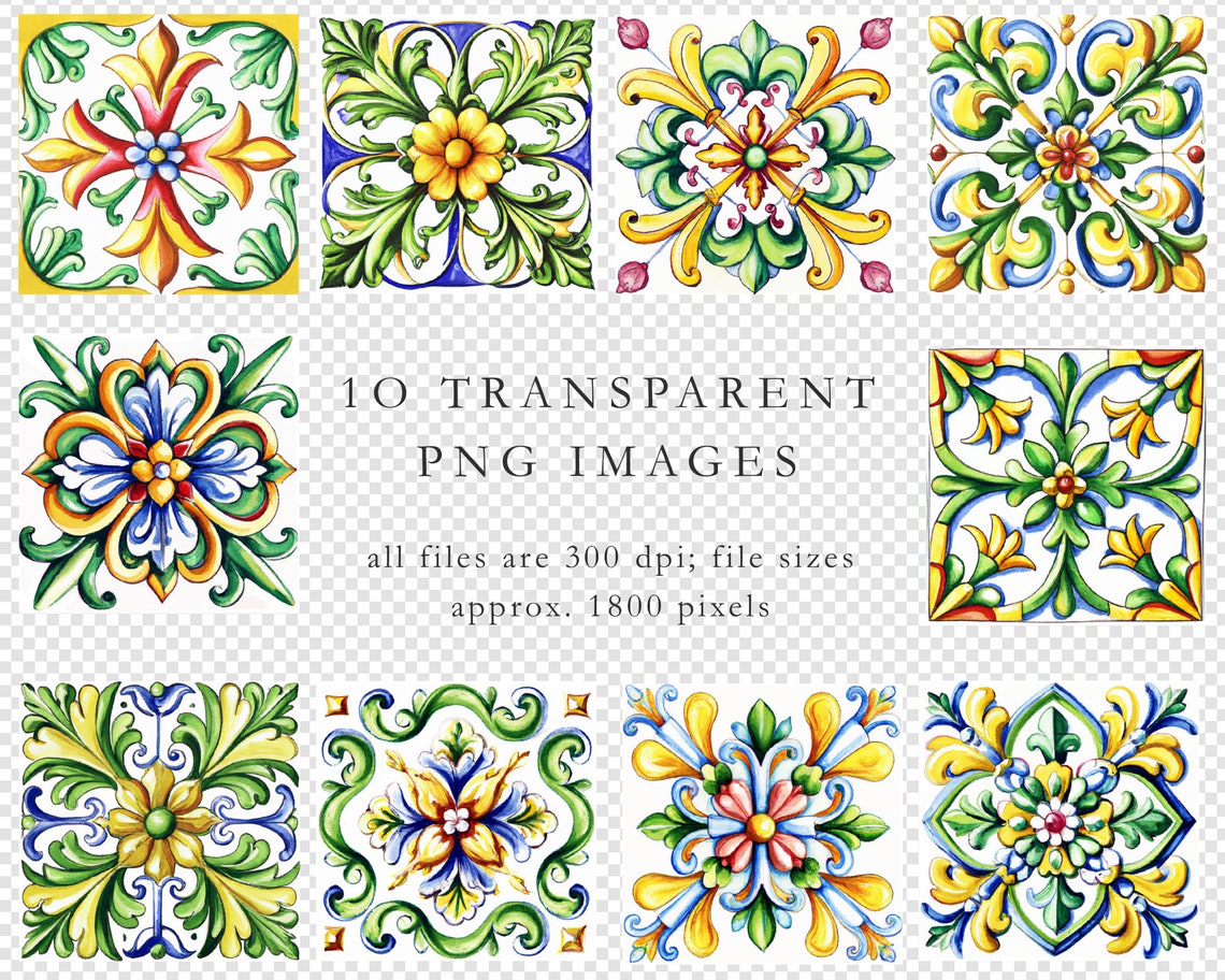 Watercolor Italian Tiles Mediterranean Tiles Clipart - Etsy