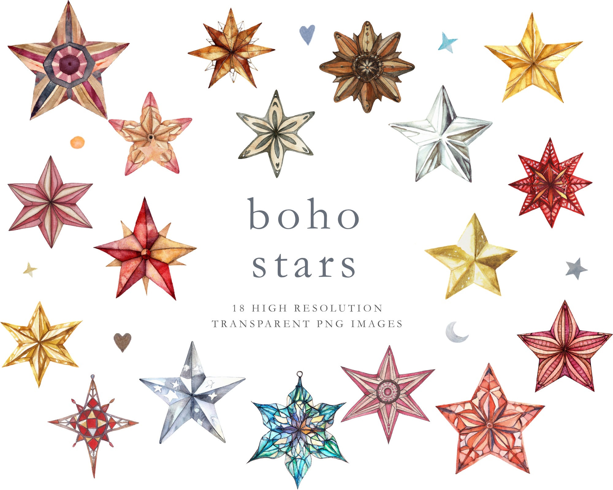 Boho Watercolor Stars Clipart, Christmas Stars, Ornate, Decorated, Tree ...