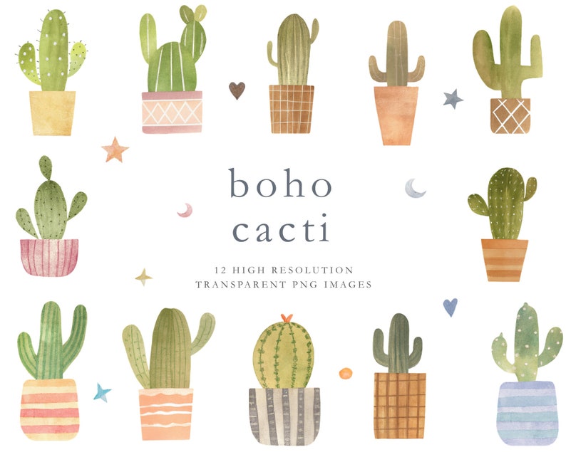 Boho Cacti Watercolor Clipart, Simple Cacti Clipart, Watercolor ...