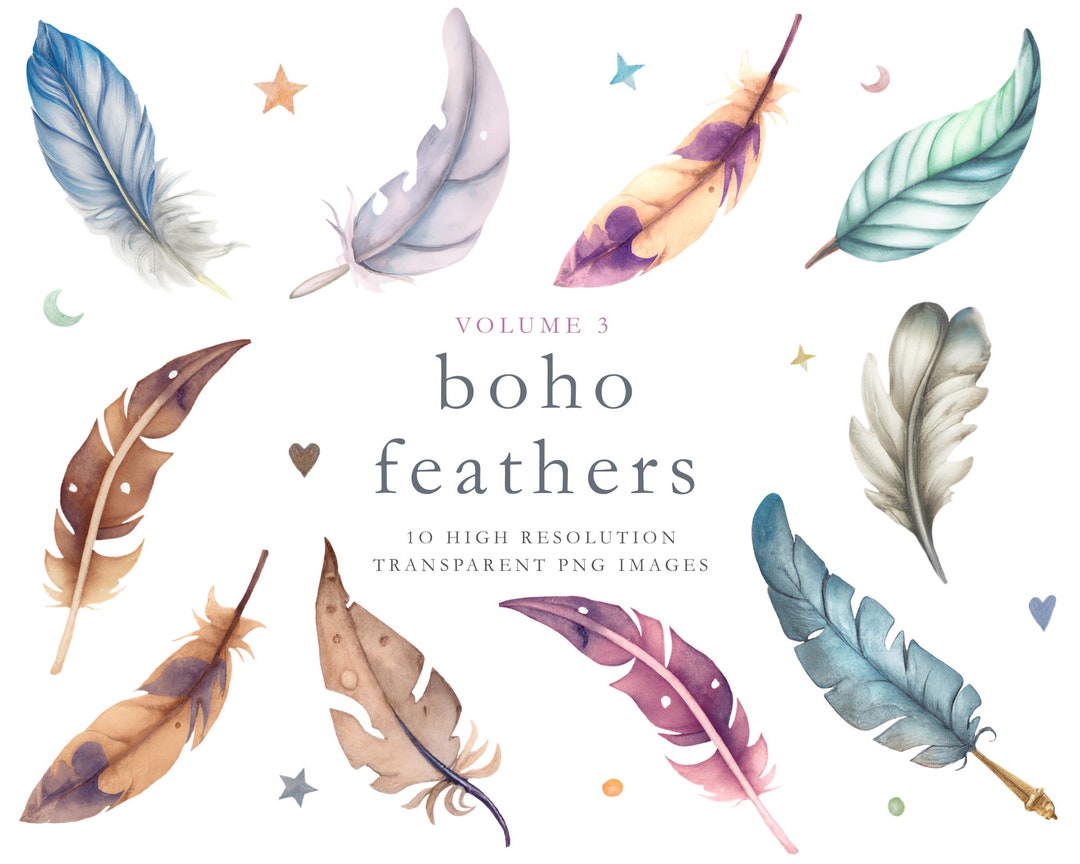 Boho Feather Clipart, Watercolor Feathers, Feather Clipart, Colorful ...