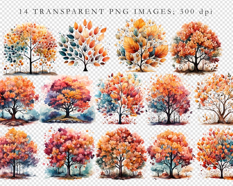 Autumn Trees Clipart, Tree Pngs, Colorful Trees, Pink, Teal, Orange ...